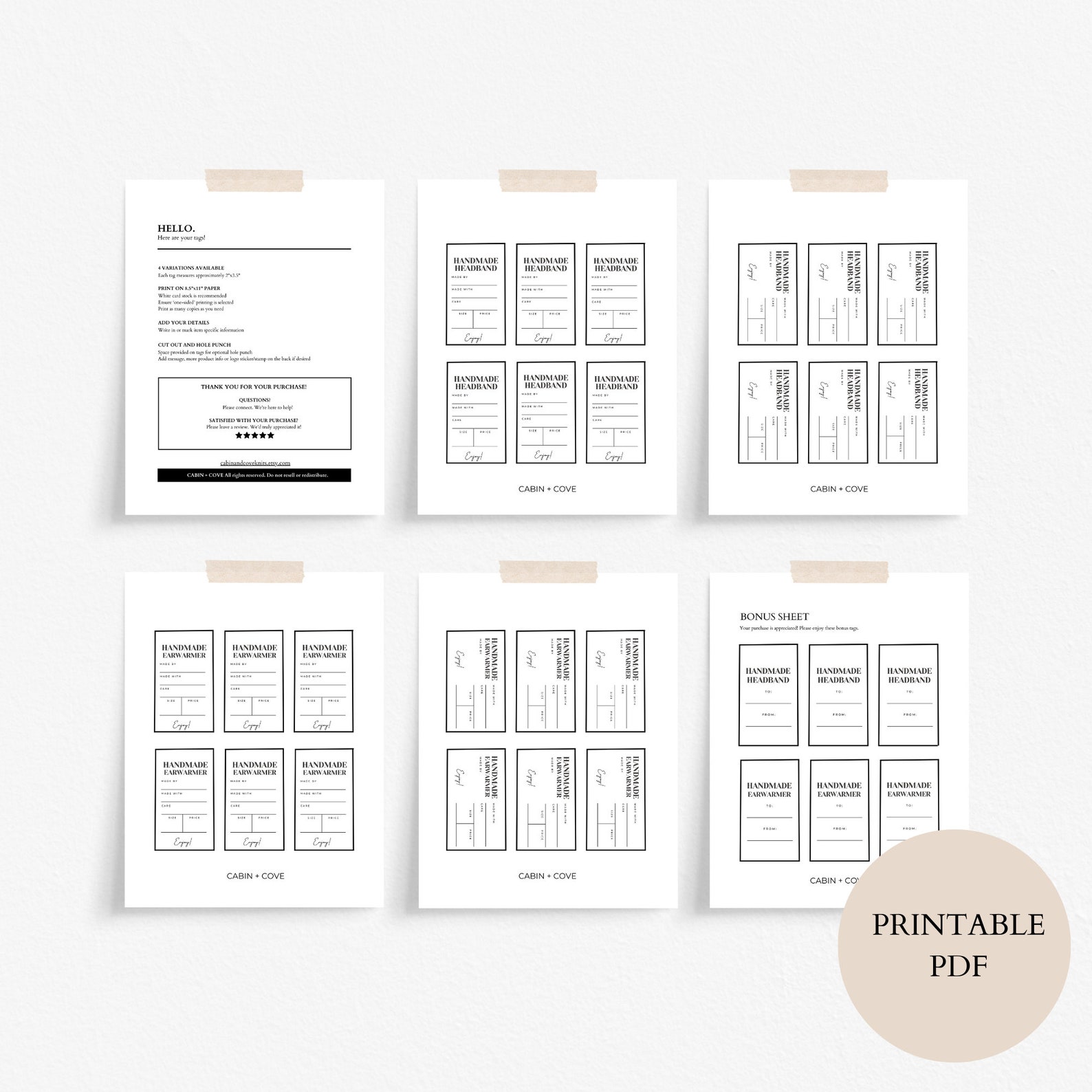 PRINTABLE Price Tags for Handmade Headbands Earwarmers, Knit or Crochet ...