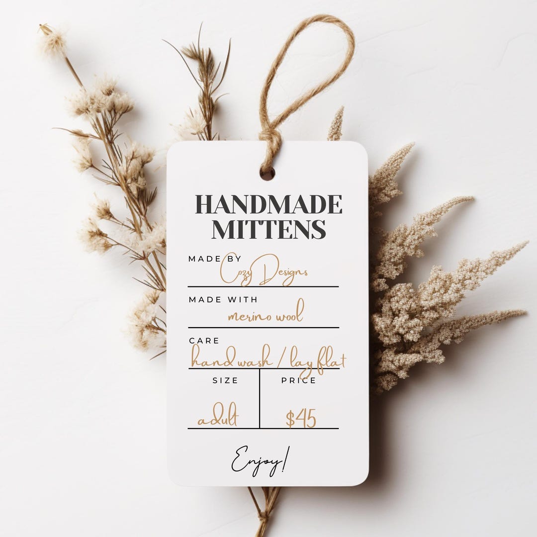 Printable Tag for Handmade Mittens Hang Tag Price Size Care Card Label ...
