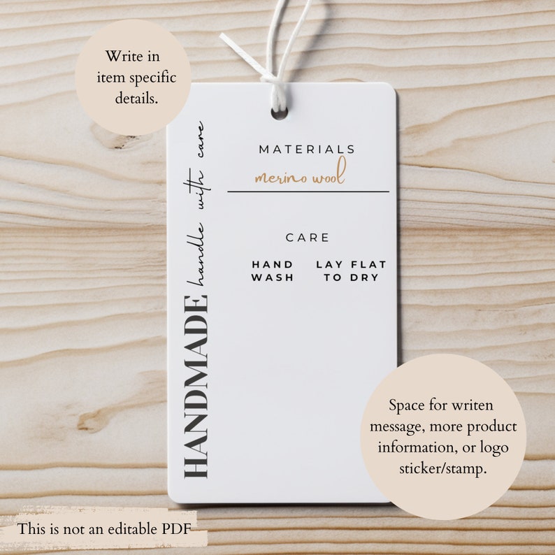 PRINTABLE PDF Care Tags, Handmade Product Label, Washing Instructions ...