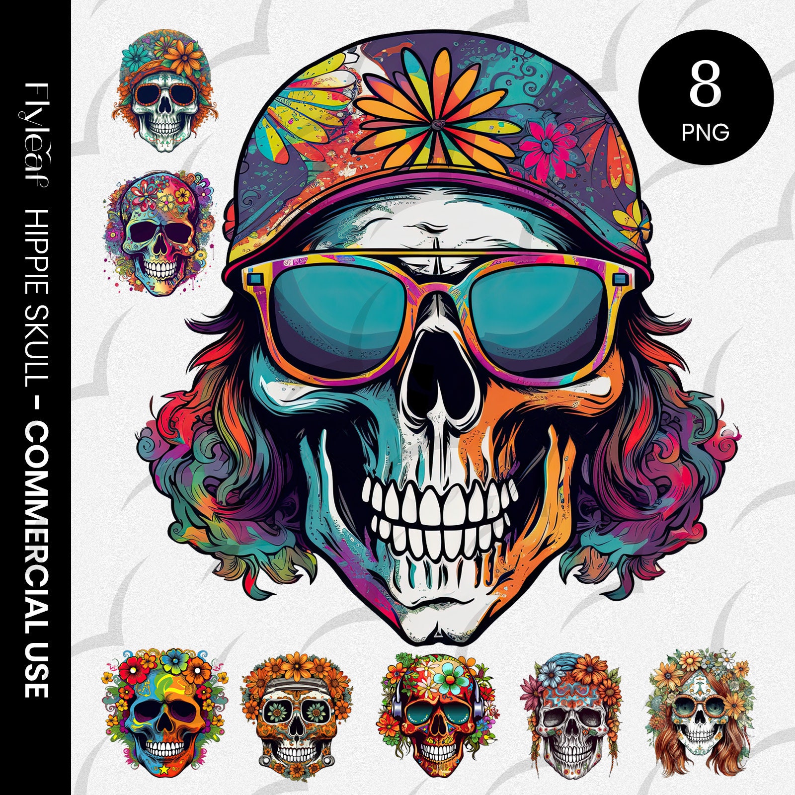 Hippie Skull Clipart Bundle of 8 PNG Digital Download Boho - Etsy