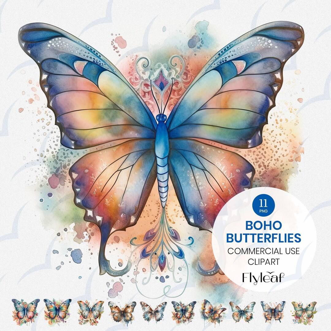 Boho Butterfly PNG Bundle for Commercial Use, 11 Butterfly Clipart ...