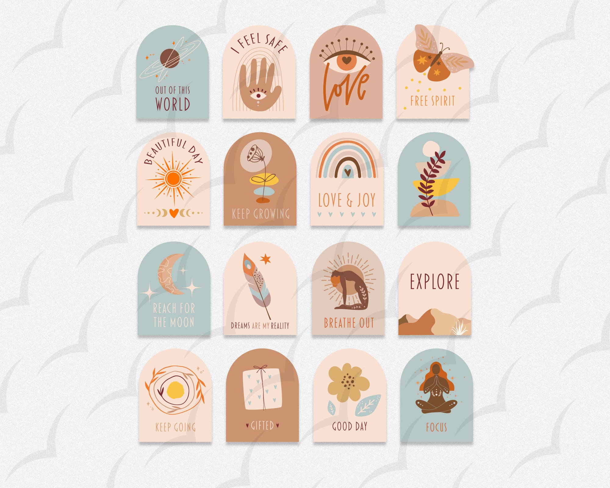 Boho Digital Stickers SVG Bundle, 32 PNG Printable Stickers, Positive ...