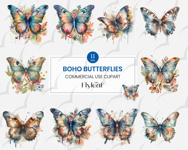 Boho Butterfly PNG Bundle for Commercial Use, 11 Butterfly Clipart ...