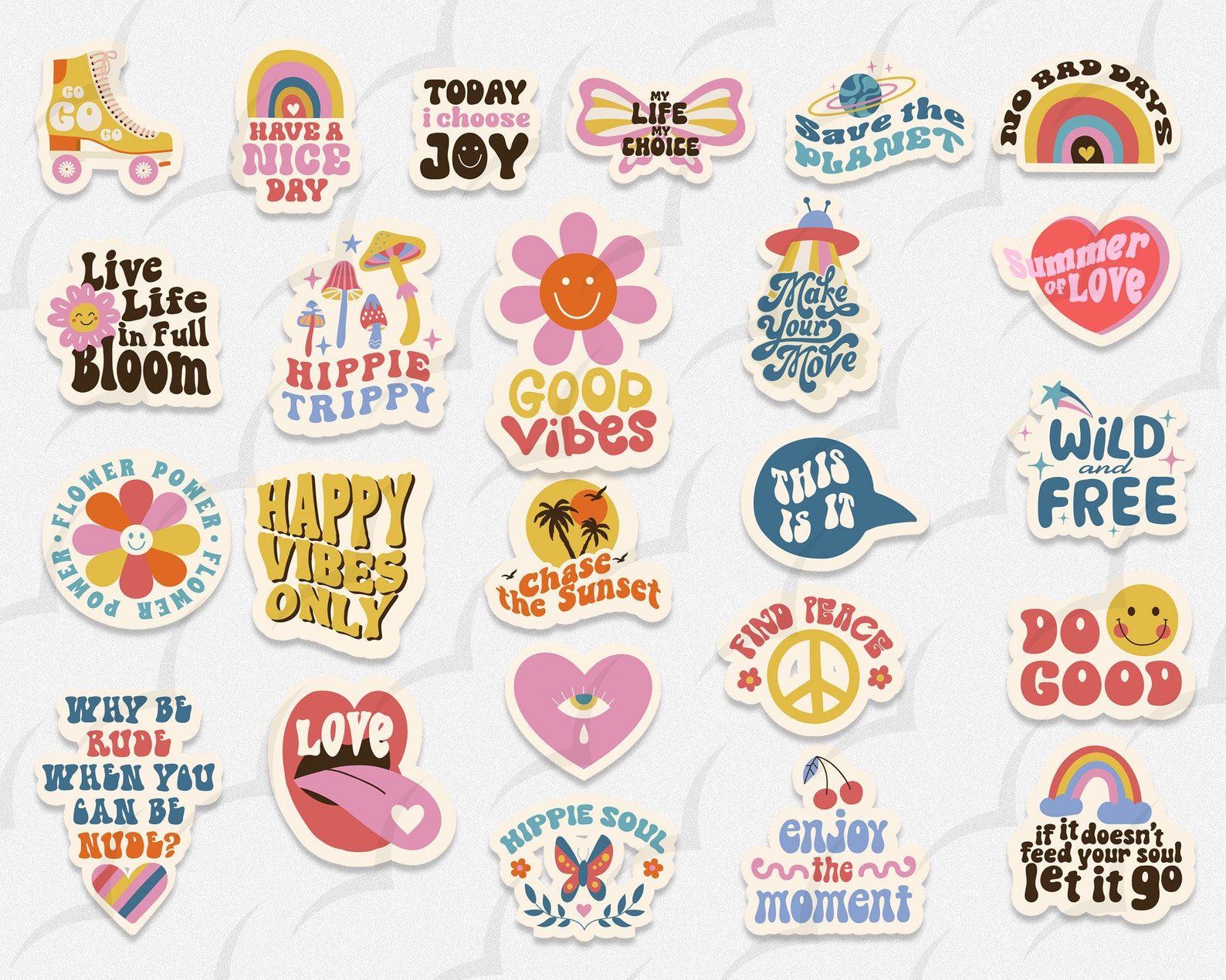 Hippie Stickers, 24 Boho Digital Stickers SVG Bundle, PNG Printable ...