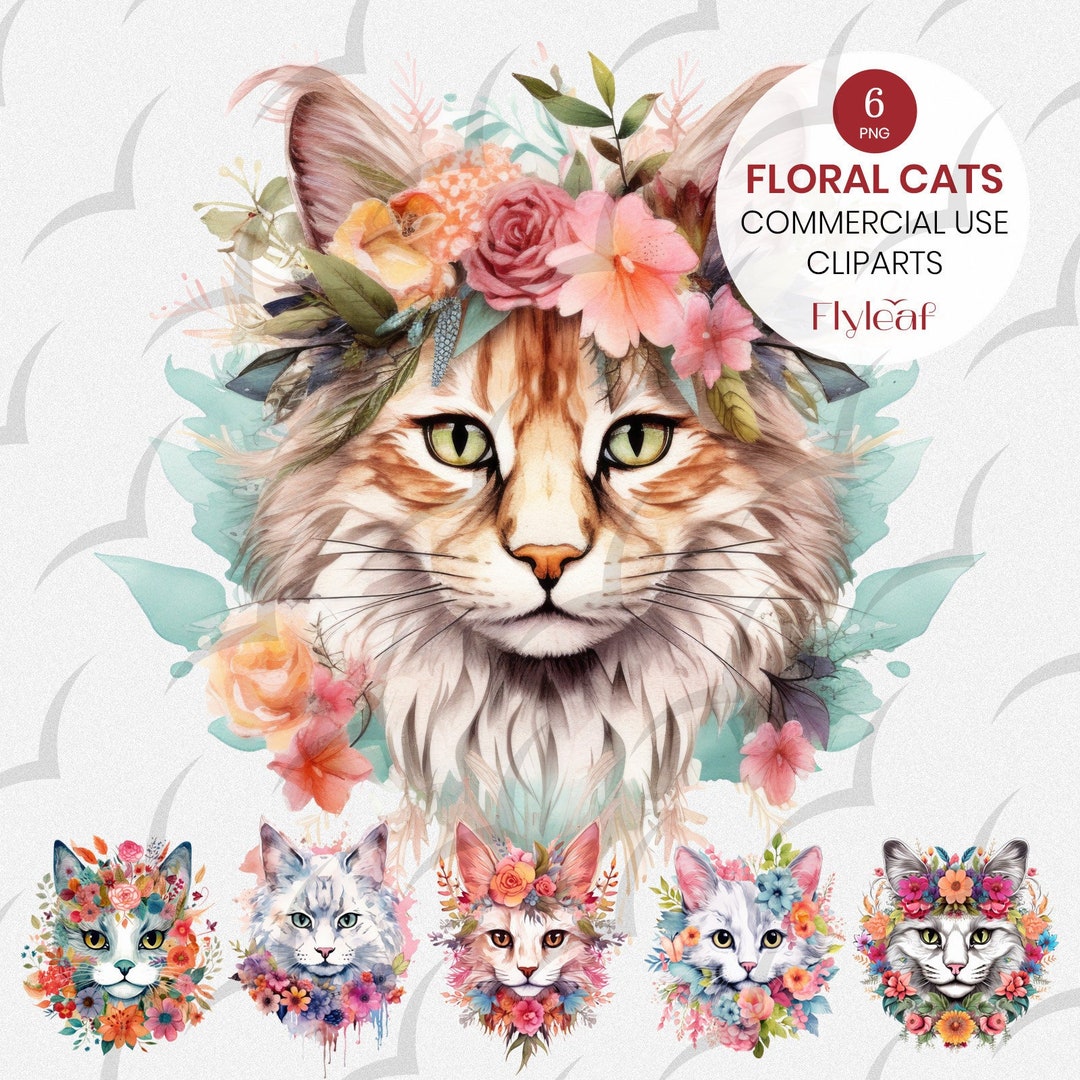 Floral Cats Clipart, Watercolor Fantasy Kitten Clipart, Kawaii Kitten ...