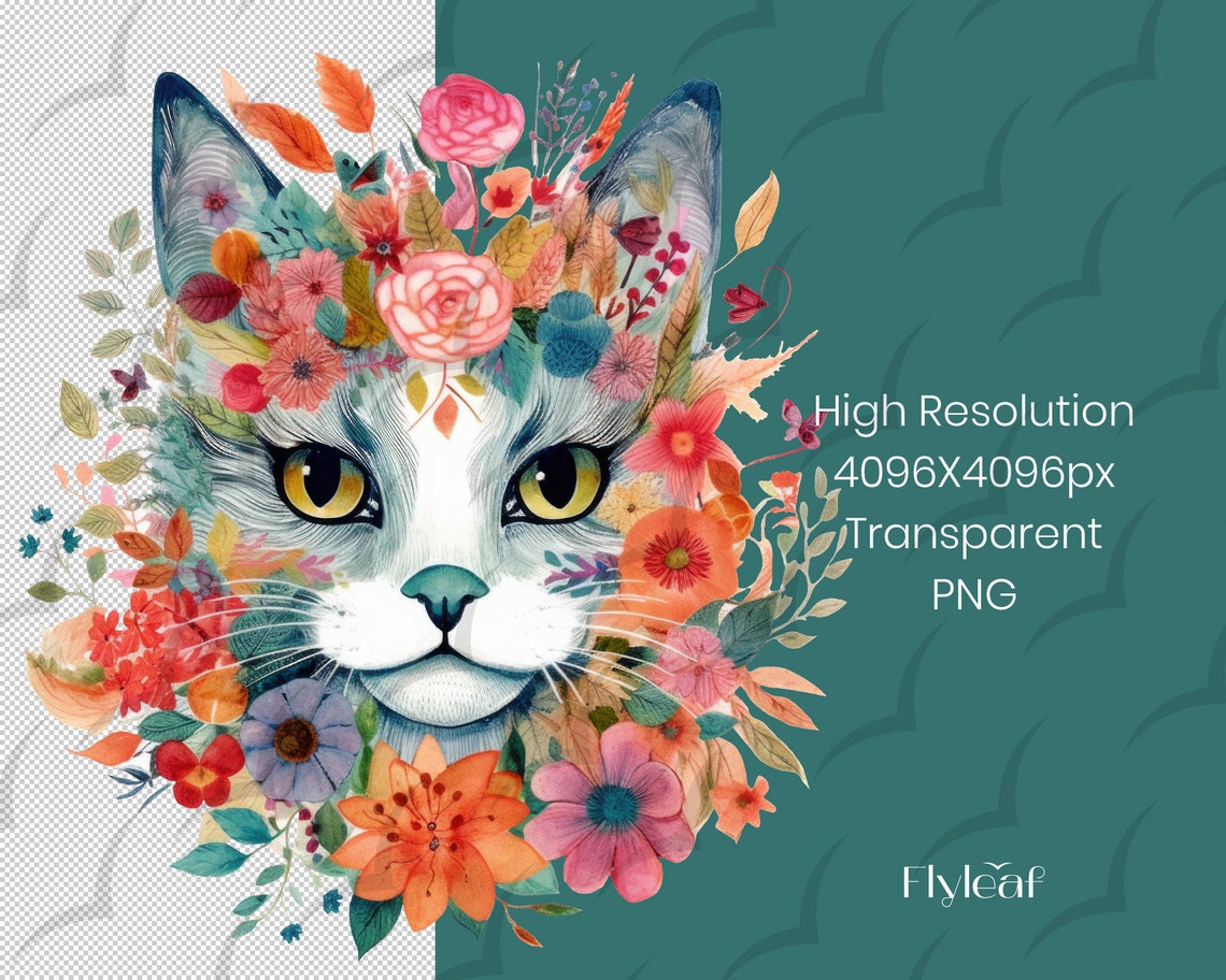 Floral Cats Clipart Watercolor Fantasy Kitten Clipart Kawaii - Etsy