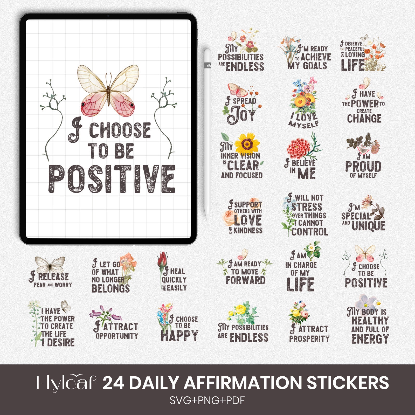 Daily Affirmation Stickers, 24 Digital Stickers SVG Bundle, PNG ...