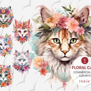 Floral Cats Clipart Watercolor Fantasy Kitten Clipart Kawaii - Etsy