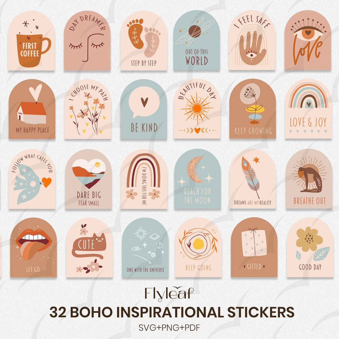 Boho Digital Stickers SVG Bundle, 32 PNG Printable Stickers, Positive ...