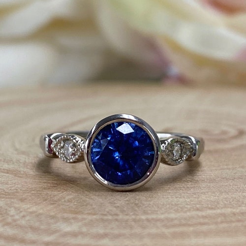 Round Blue Sapphire Engagement Ring Round Bezel Set Ring - Etsy
