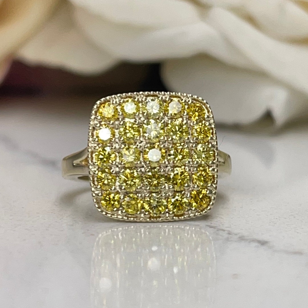 Lab Grown Yellow Diamond Cluster Ring 14k Solid Gold , Ladies Cocktail ...