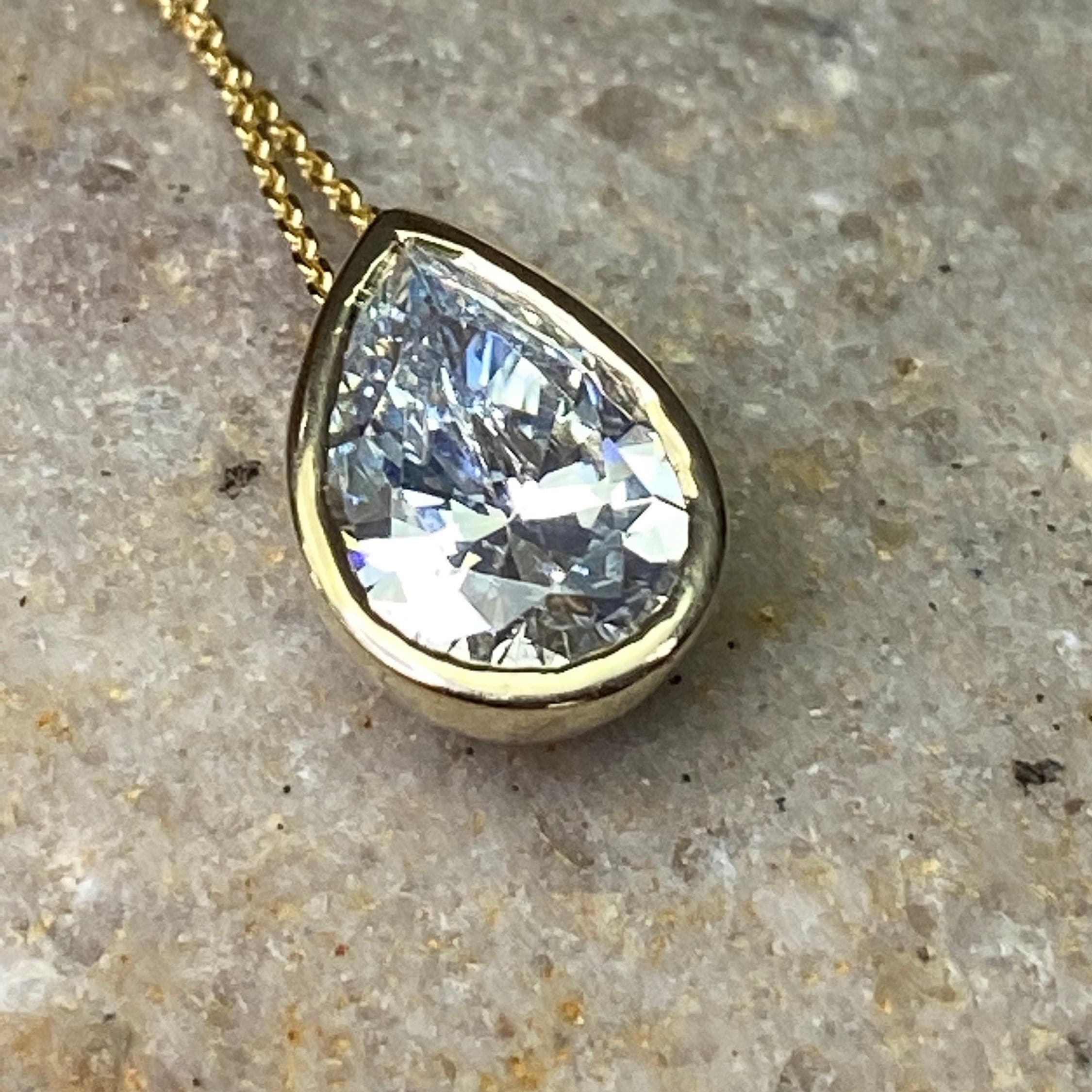 Pear Shape Bezel Pendant Necklace 14K Yellow Gold Moissanite | Etsy