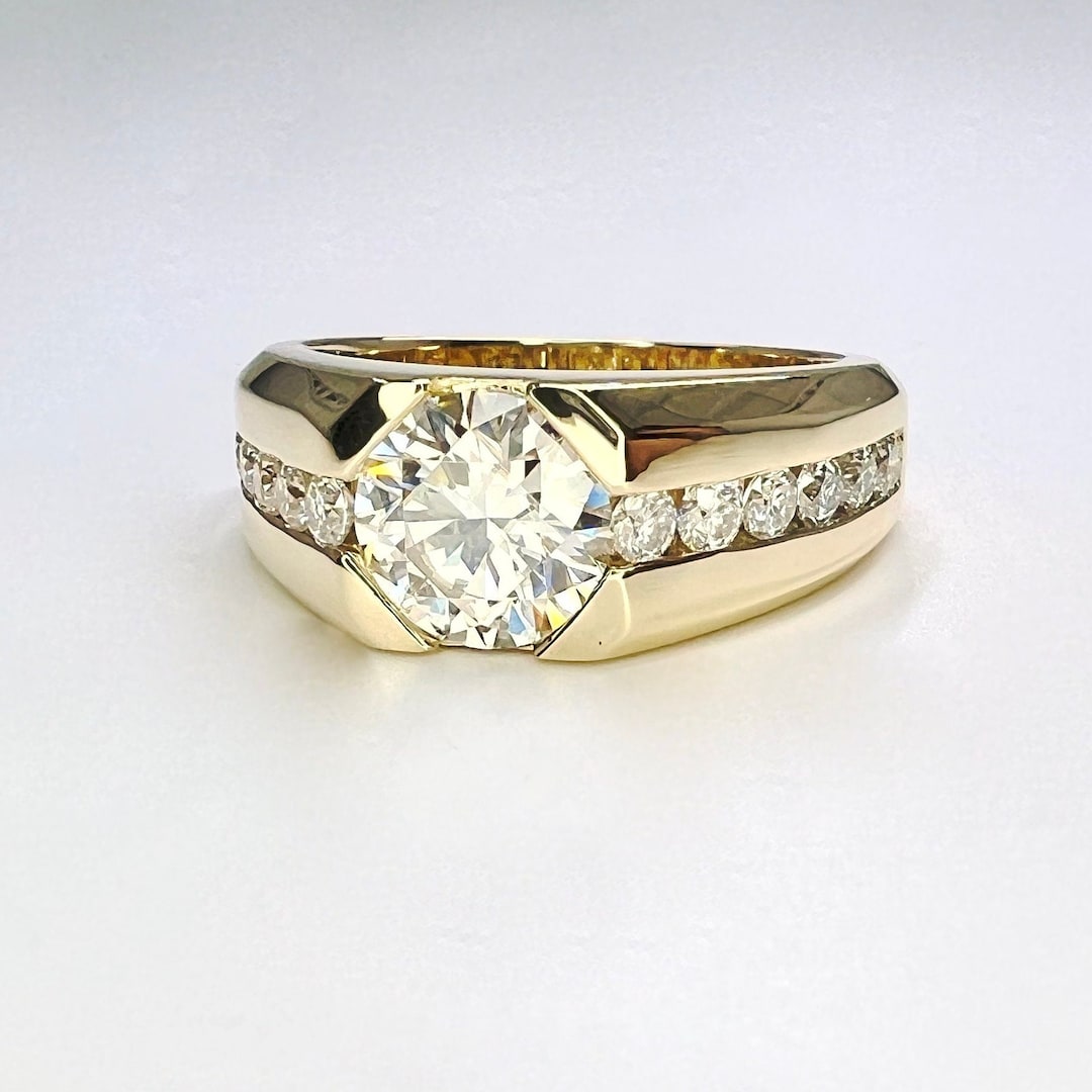 Lab Grown Diamond Mens Ring 14k Solid Gold, Half Bezel Mens Diamond ...