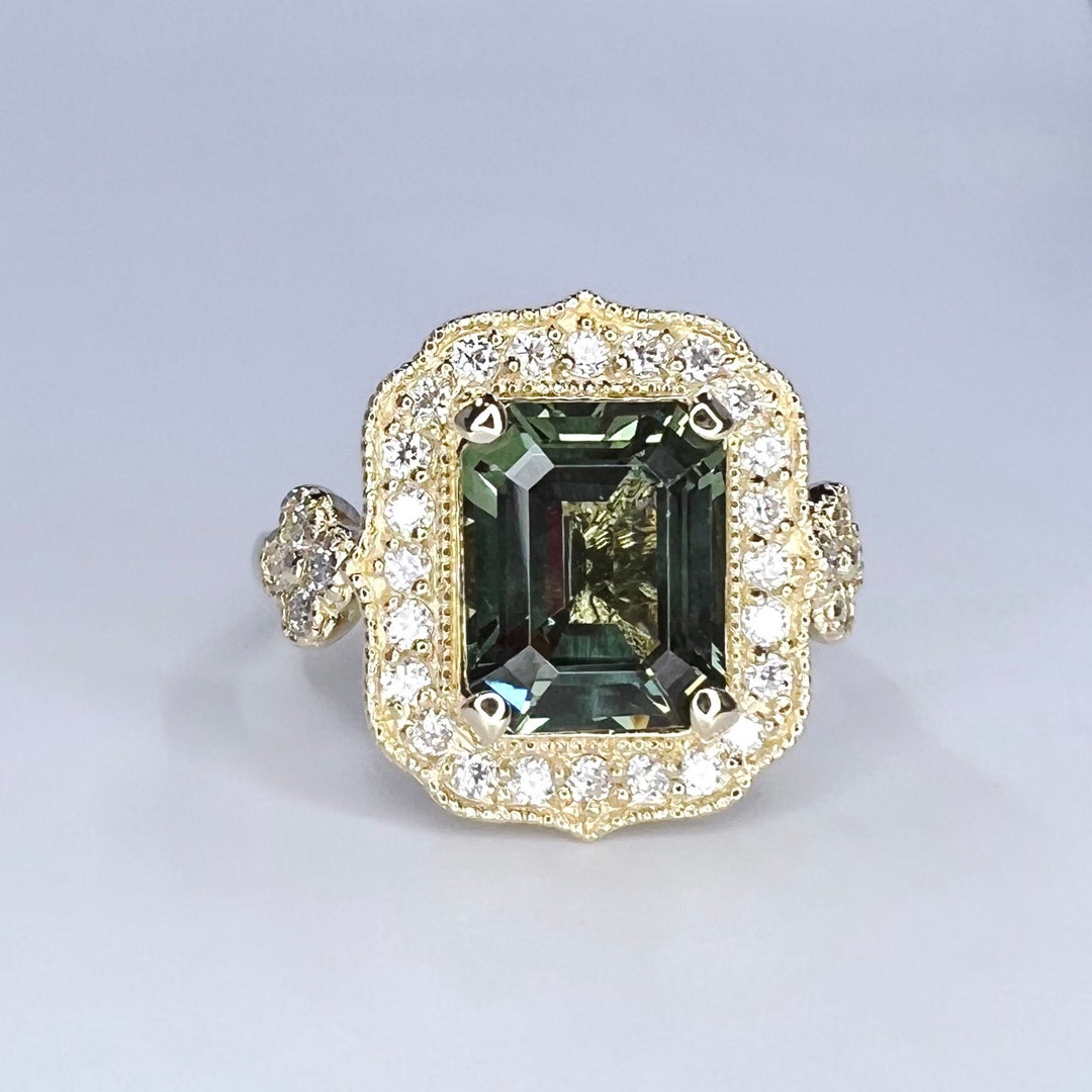 Vintage Olive Green Sapphire Engagement Ring 14K White Gold, Unique ...