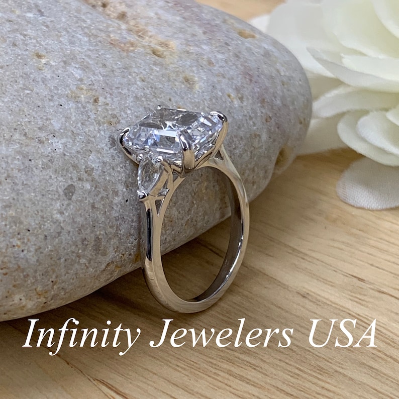 Emerald Cut Moissanite Engagement Ring Three Stone Moissanite Etsy