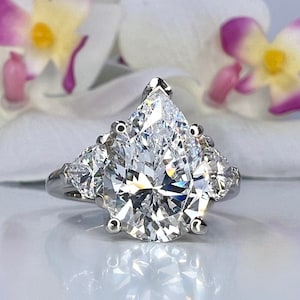 Pear Shaped Moissanite Engagement Ring 14k Solid Gold, Three Stone Moissanite Wedding Ring ...