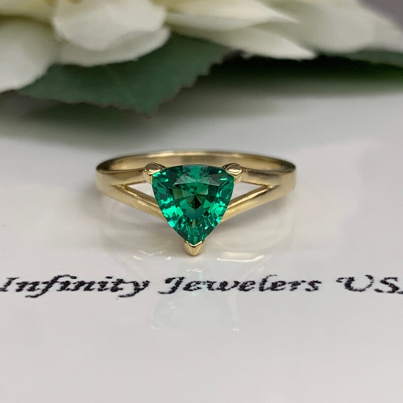 Emerald Triangle Ring 14k Yellow Gold Trillion Cut Emerald | Etsy