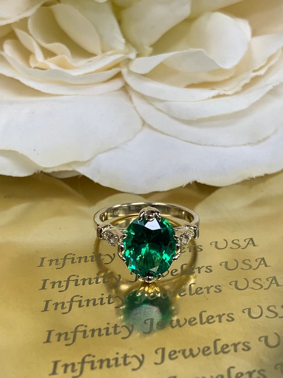 Oval Emerald Engagement Ring With Diamond Accents Vintage | Etsy