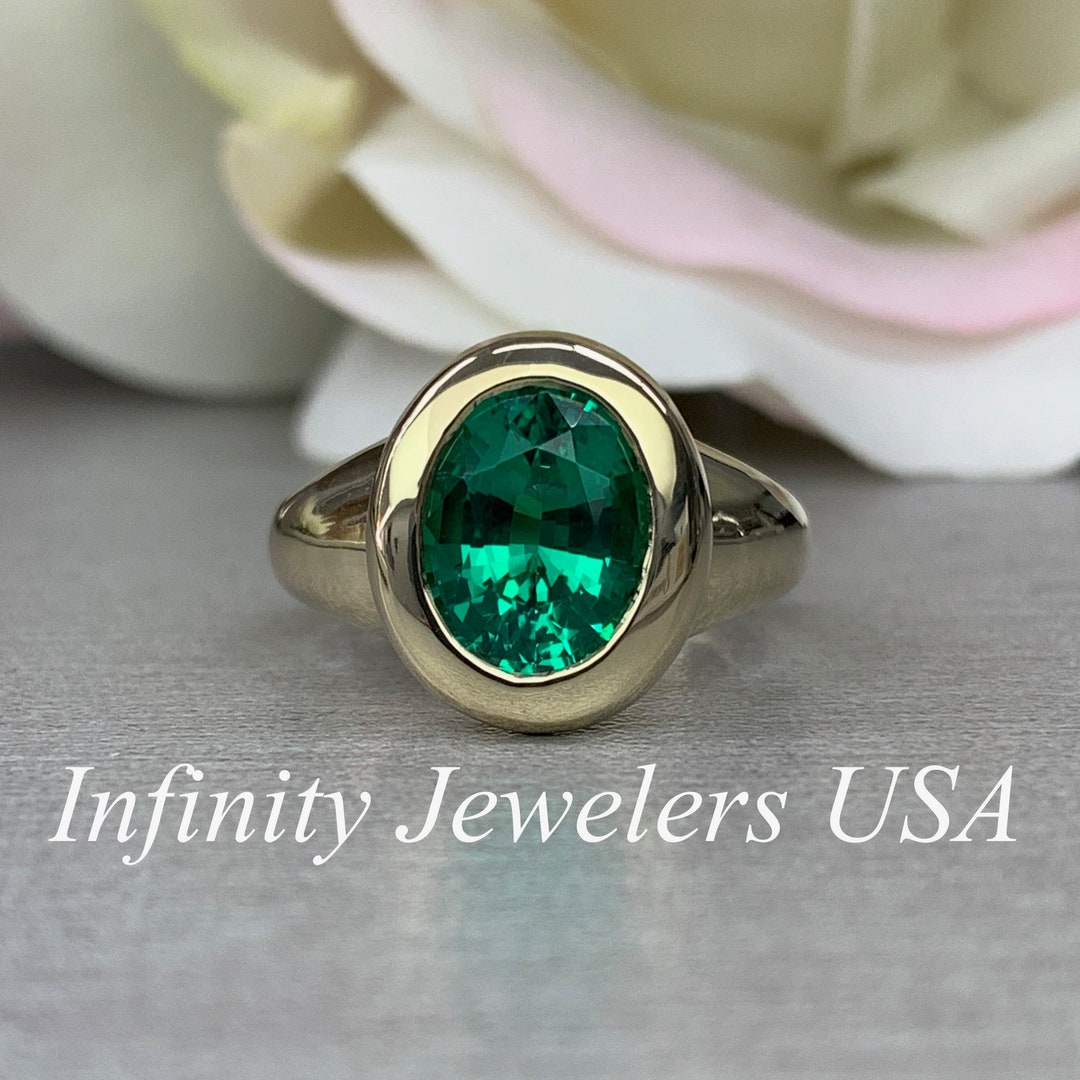 Oval Emerald Statement Ring 14k Solid Gold, Mens Emerald Green Ring ...