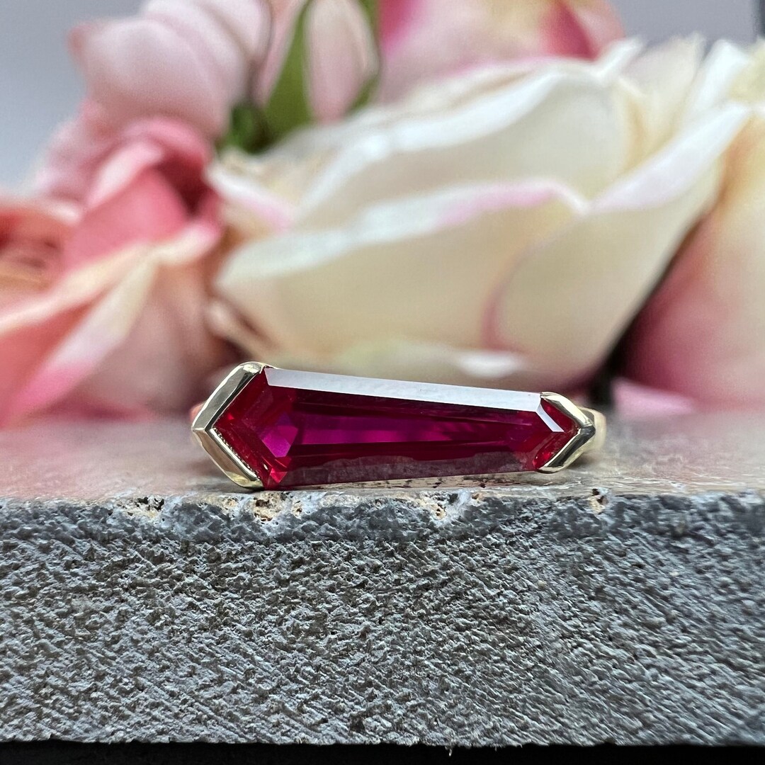 Elongated Kite Shape Ruby Ring Yellow Gold, Stacking Gold Minimalist ...