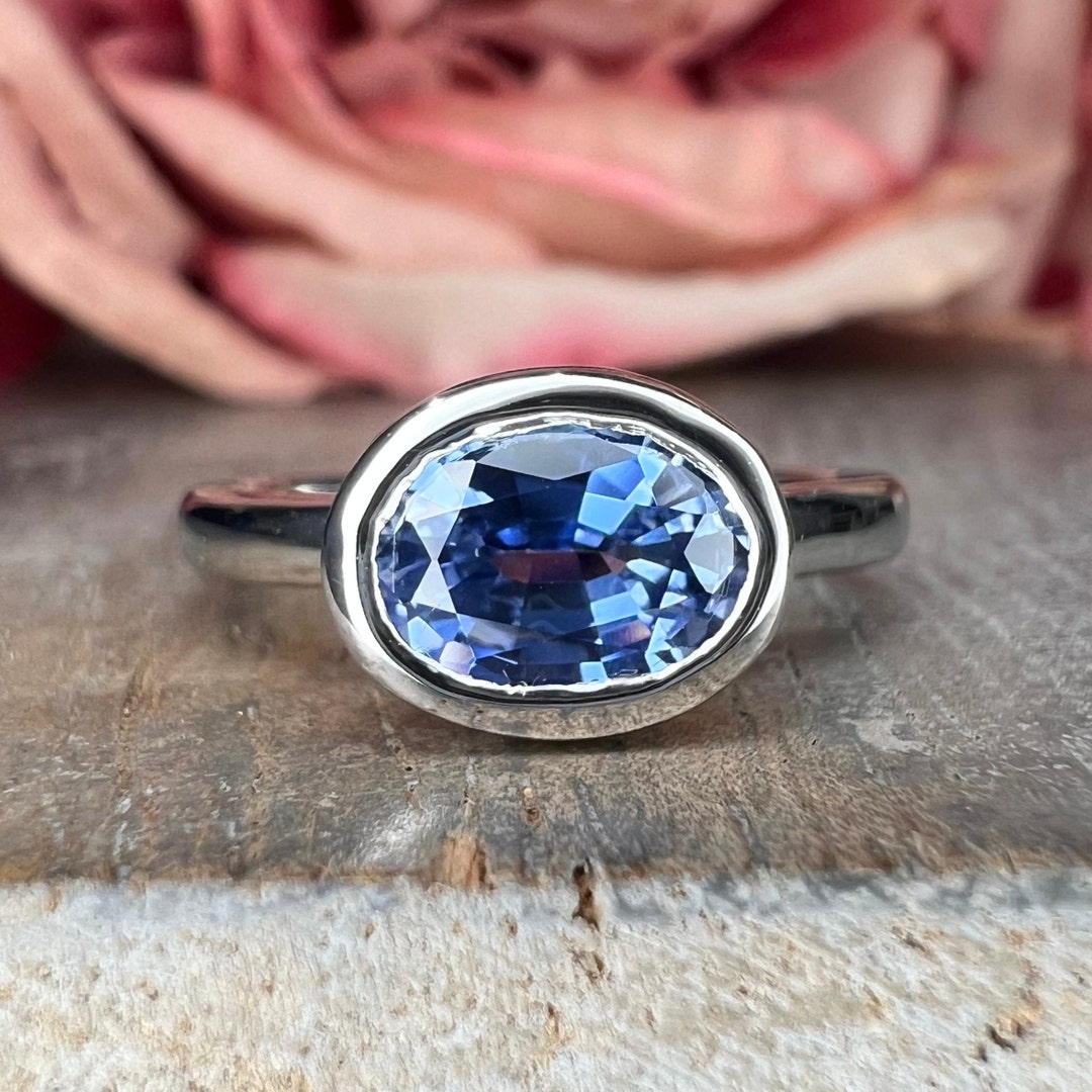 Oval Cut Blue Sapphire Bezel Set Ring 14K White Gold, East West Oval ...