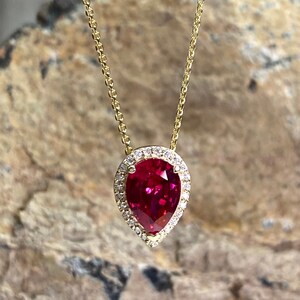 Ruby Pear and Moissanite Halo Pendant Necklace 14K Yellow Gold Pear ...
