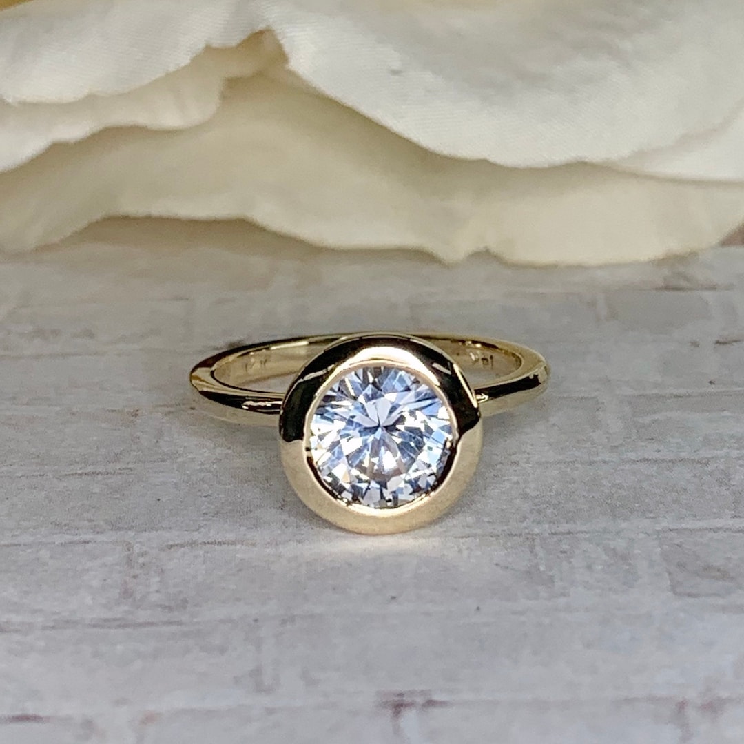 Moissanite Round Bezel Set Engagement Ring, Round Moissanite Solitaire ...