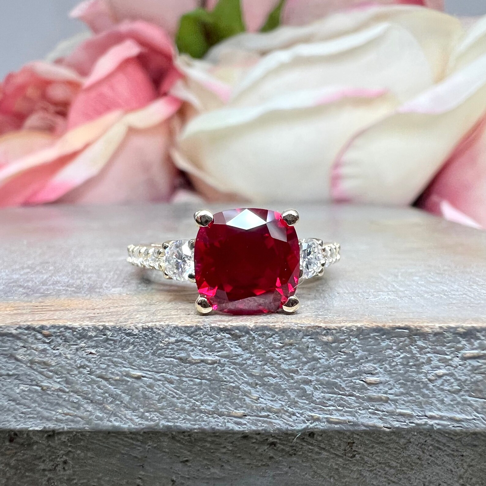 Cushion Cut Ruby With Moissanite Engagement Ring 14K Yellow - Etsy