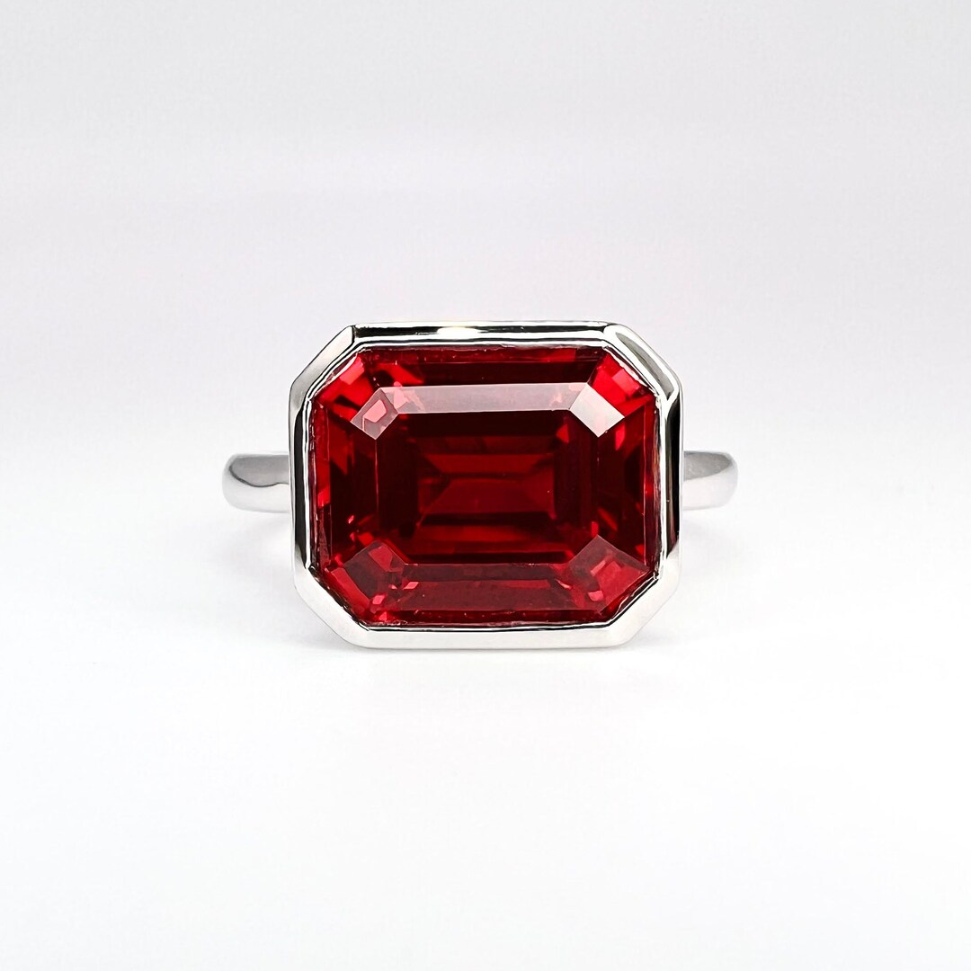 Emerald Cut Bezel Set Ruby Ring 14K Solid Gold , East West Emerald Shape Ruby Engagement Ring ...