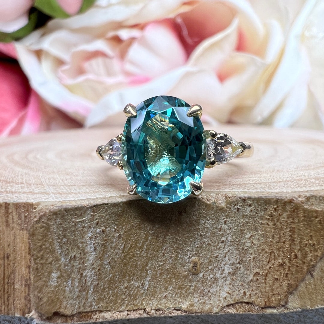 Oval Engagement Ring / Neon Blue Paraiba Ring / White Sapphire Pear ...