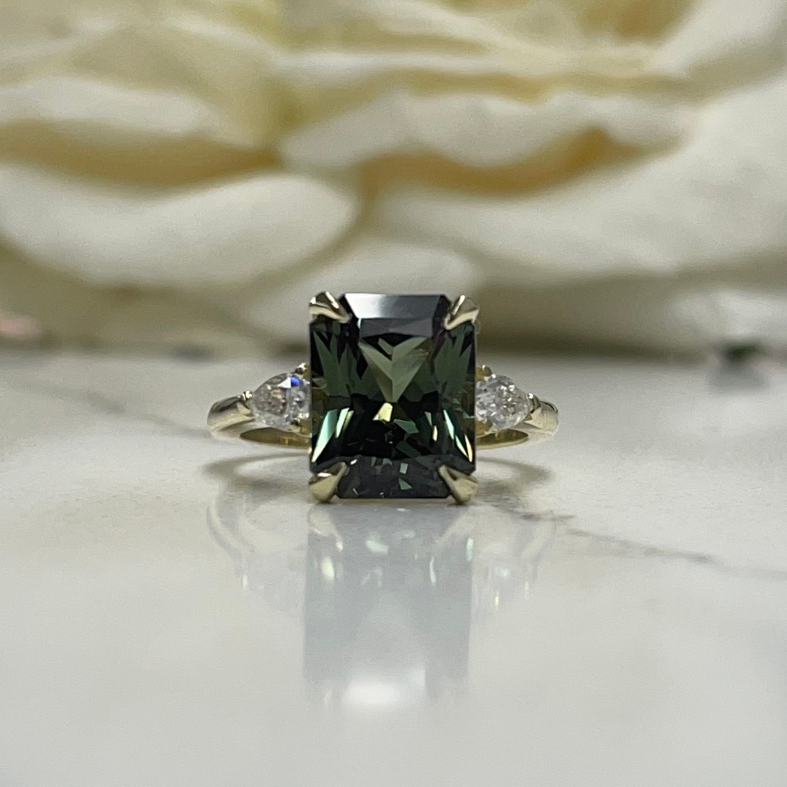 Radiant Cut Olive Green Sapphire Engagement Ring 14K White - Etsy
