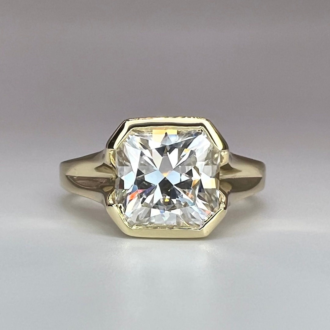 Radiant Cut Moissanite Engagement Ring 14k Solid Gold, Bezel Set ...