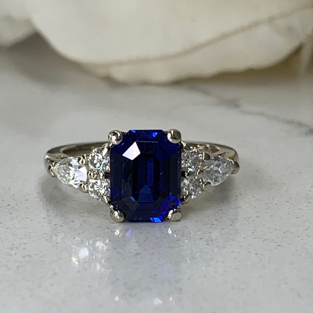 Blue Sapphire Engagement Ring White Gold Unique Vintage Blue - Etsy