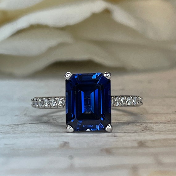 Emerald Cut Blue Sapphire Engagement Ring 14K White Gold - Etsy