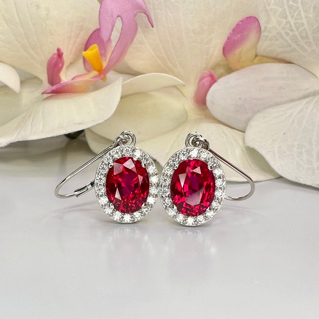 Ruby Dangle Earrings Lever Back With Moissanite Halo 14K Solid Gold ...