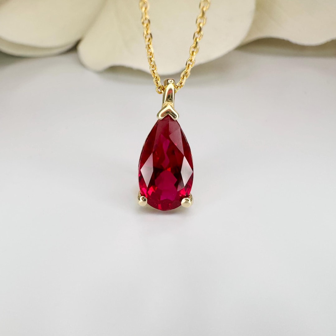 14K Gold Ruby Necklace Ruby Pendant Teardrop Necklace , July Birthstone ...