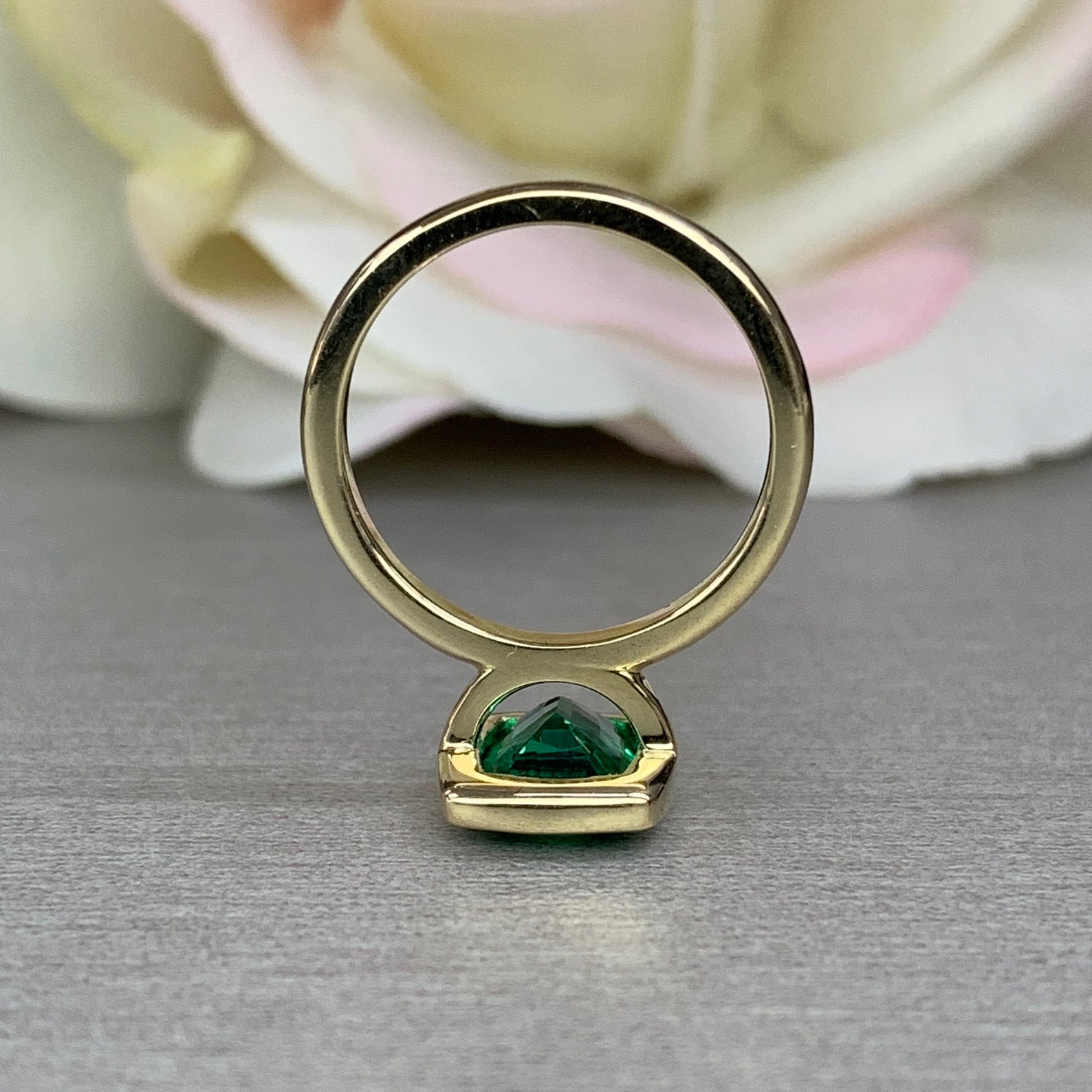 Emerald Elongated Cushion Cut Engagement Ring, Bezel Set Emerald Ring ...
