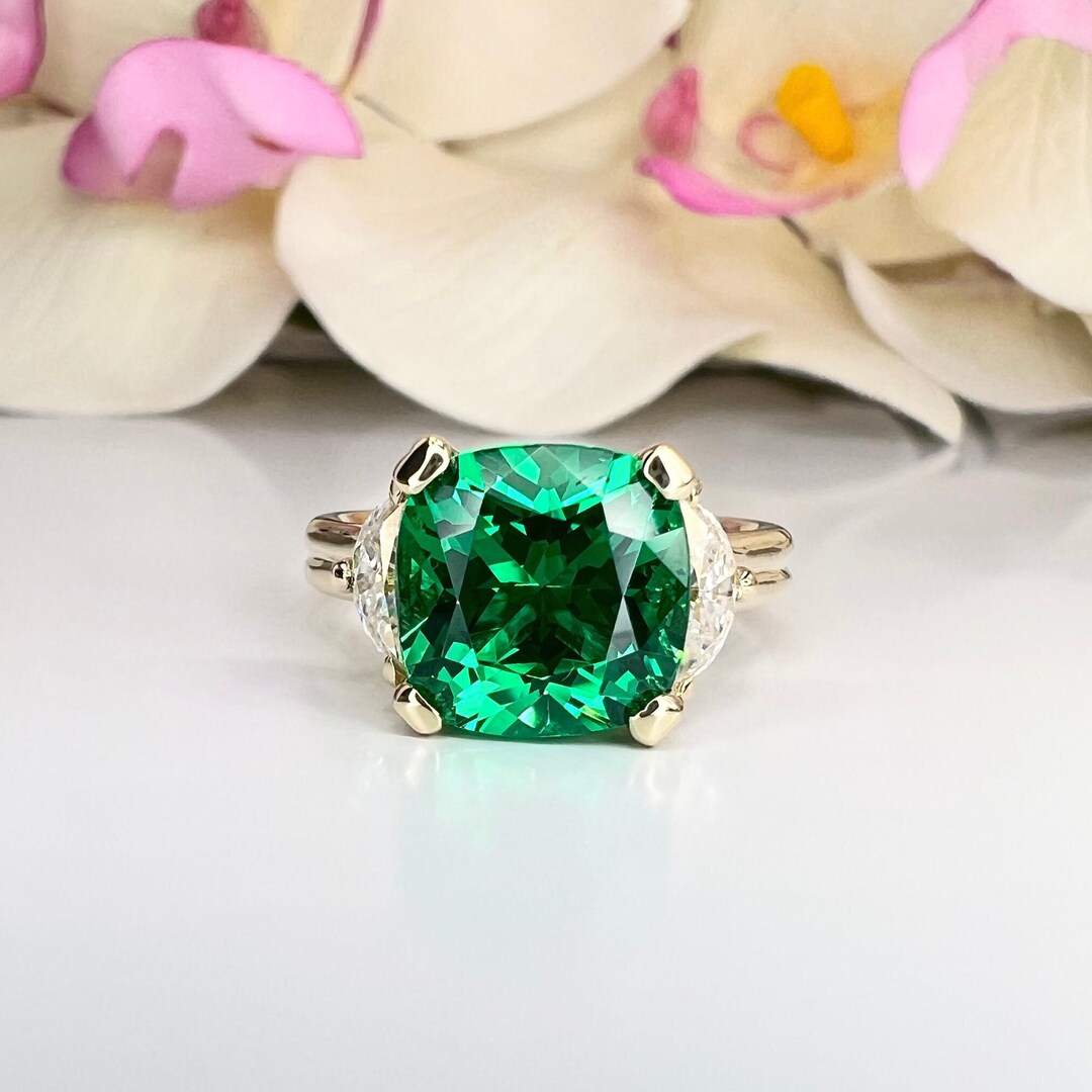 Cushion Cut Emerald Three Stone Engagement Ring 14K Solid Gold , Unique ...