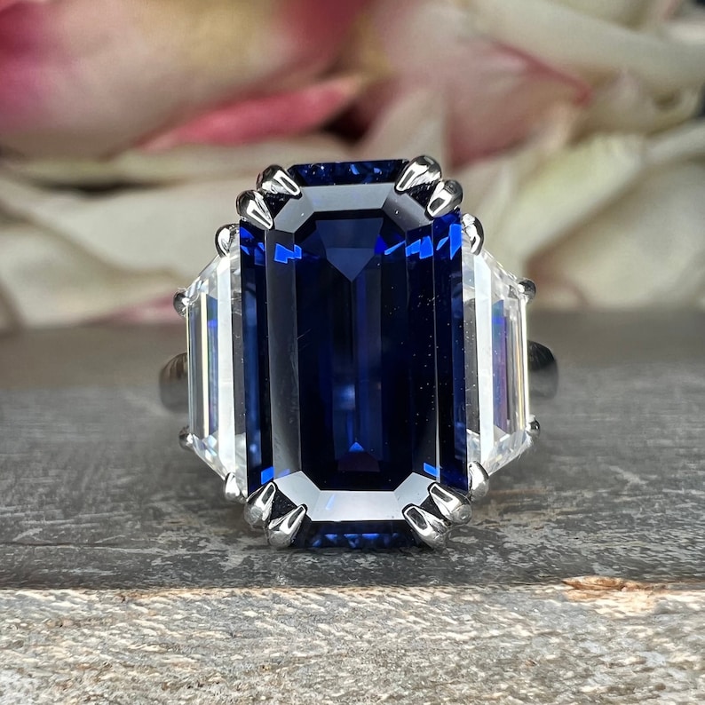 Blue Sapphire Ring Elongated Emerald Cut Blue Sapphire - Etsy