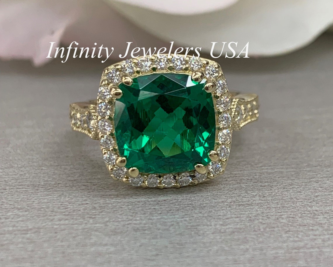 Cushion Cut Emerald And Diamond Engagement Ring. Emerald Ring | Etsy