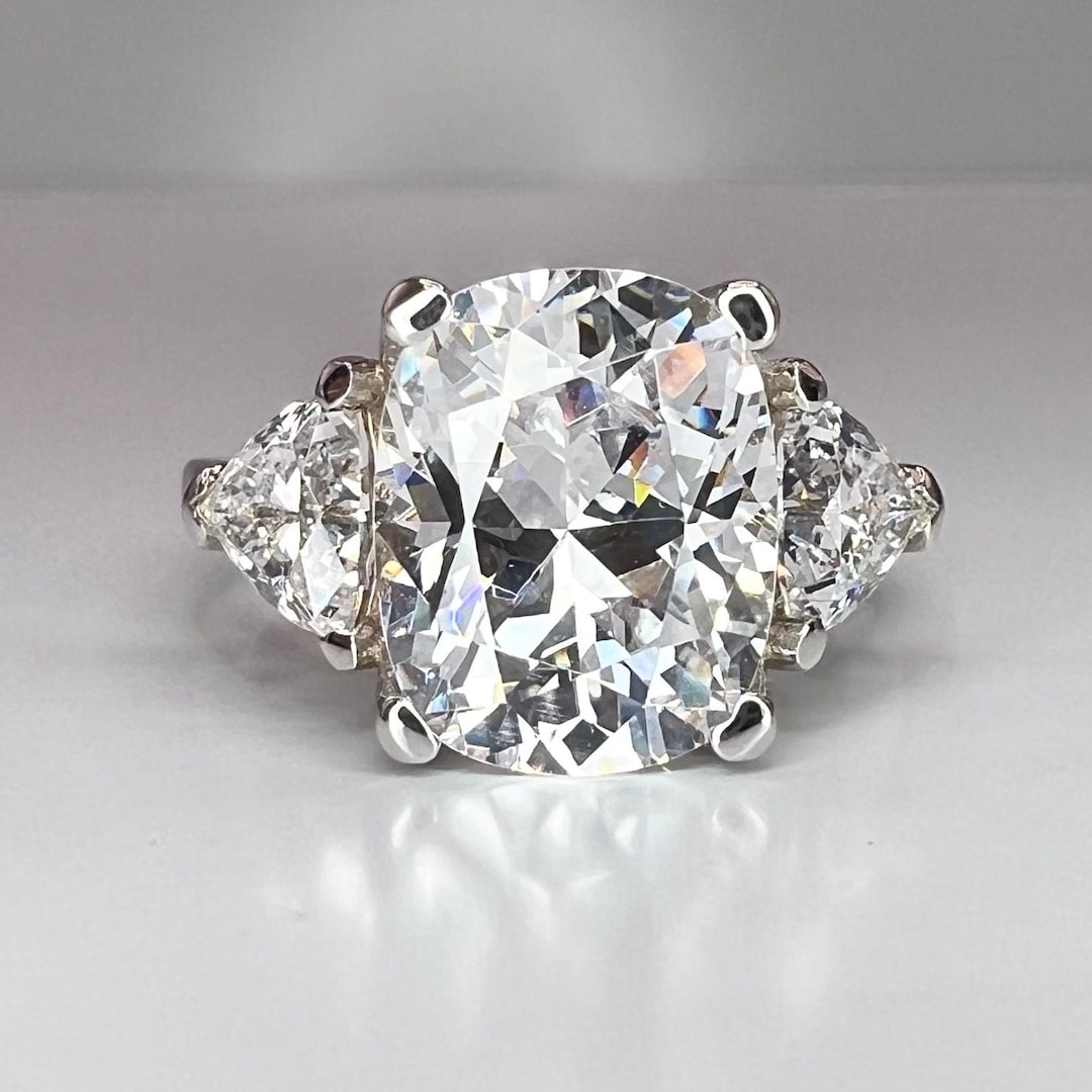 Elongated Cushion Cut Engagement Ring 14k Solid Gold, Three Stone ...