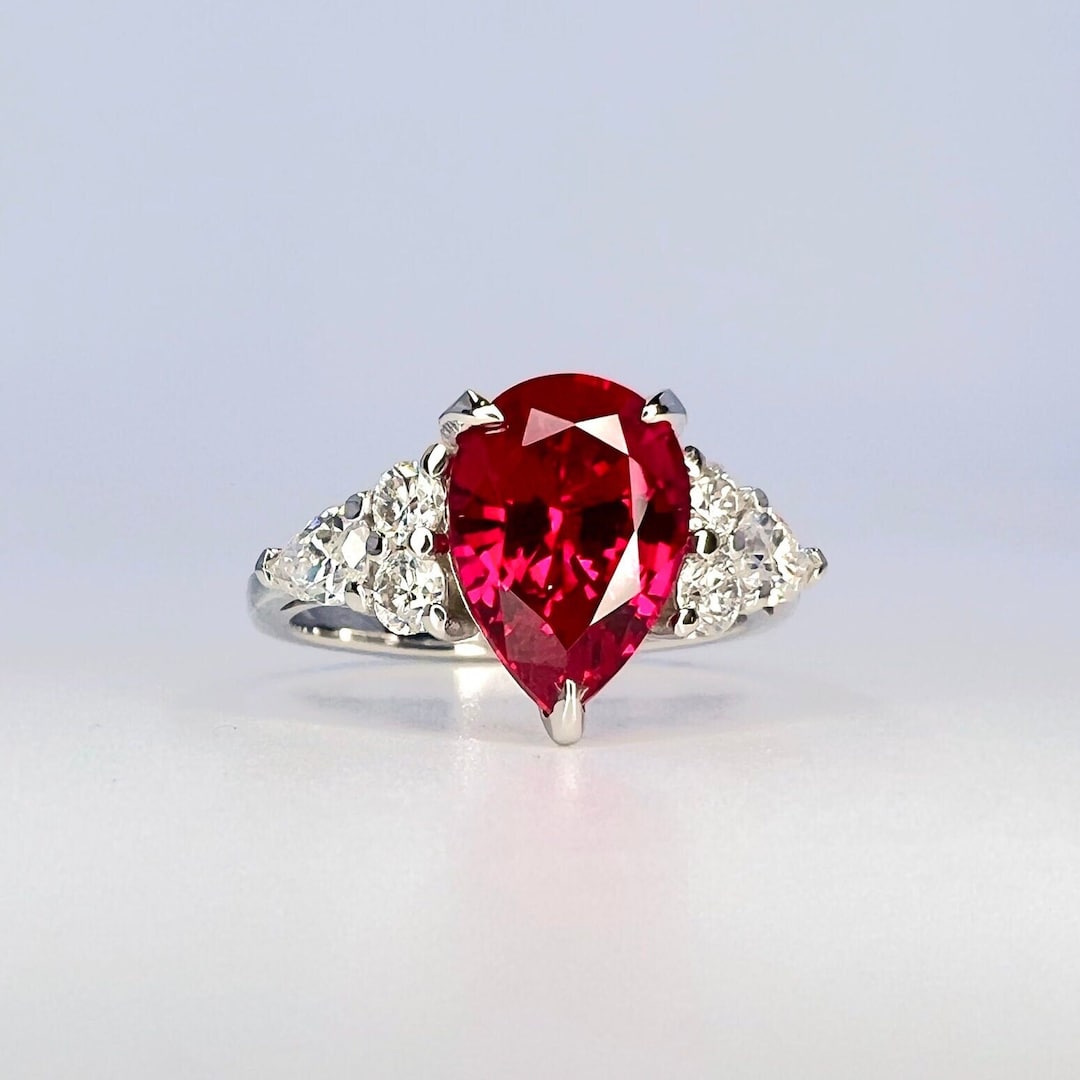 Pear Shape Ruby Lab Grown Diamond Engagement Ring, 14k Gold Unique ...