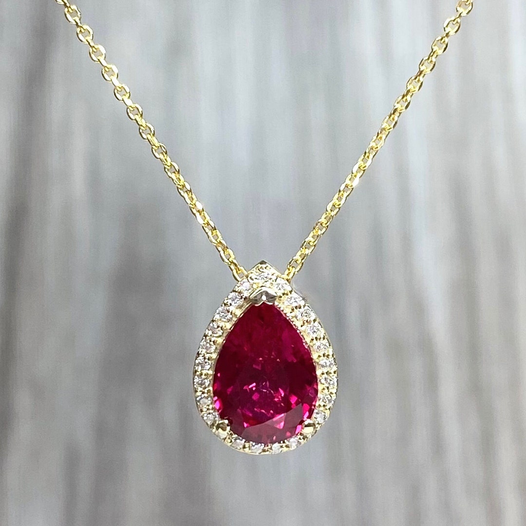 Ruby Pear and Moissanite Halo Pendant Necklace 14K Yellow Gold Pear ...