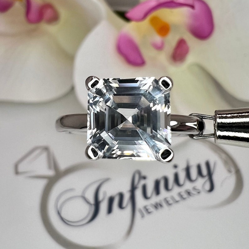 Asscher Cut White Sapphire Engagement Ring 10k Solid Gold - Etsy