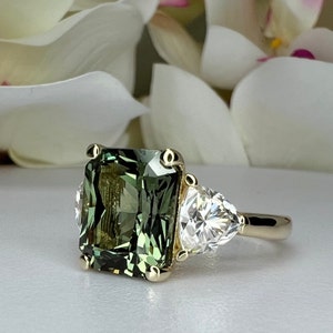 Radiant Cut Olive Green Sapphire Engagement Ring 14K Solid Gold, Three ...