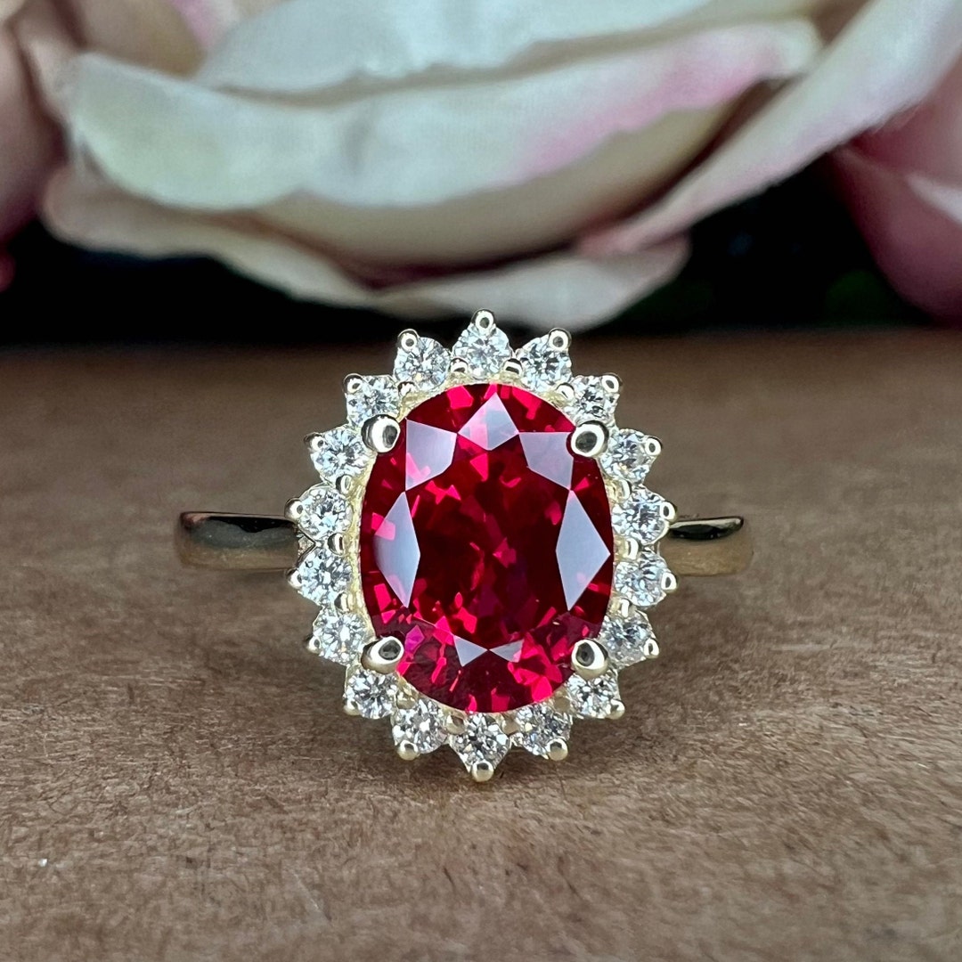 Oval Cut Engagement Ring / Red Ruby Ring / Diamond Halo Ring / - Etsy