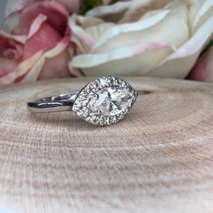 Diamond Marquis Sideways Engagement Ring, Halo White Gold Unique Evil ...