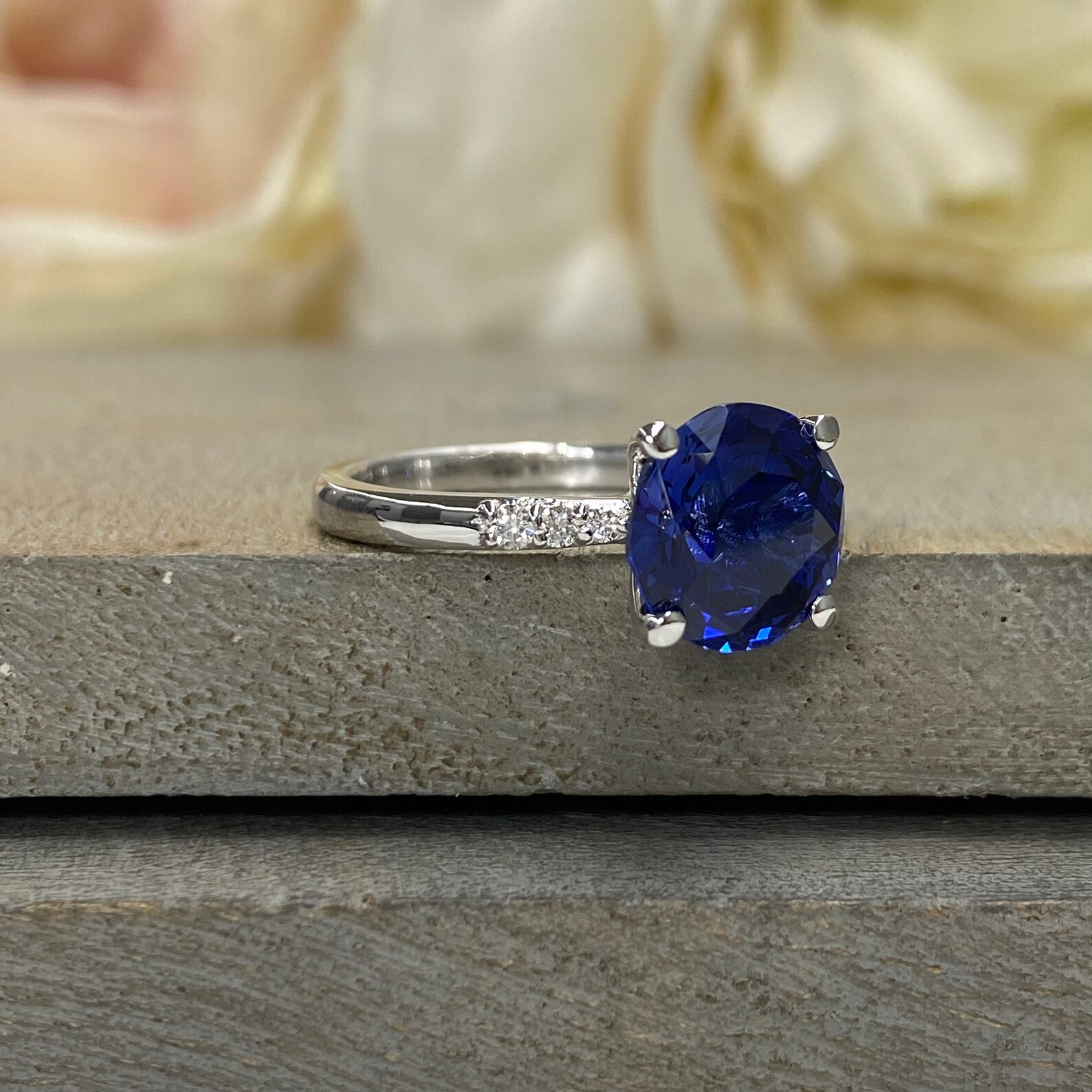 Round Blue Sapphire Engagement Ring 14k White Gold Three - Etsy