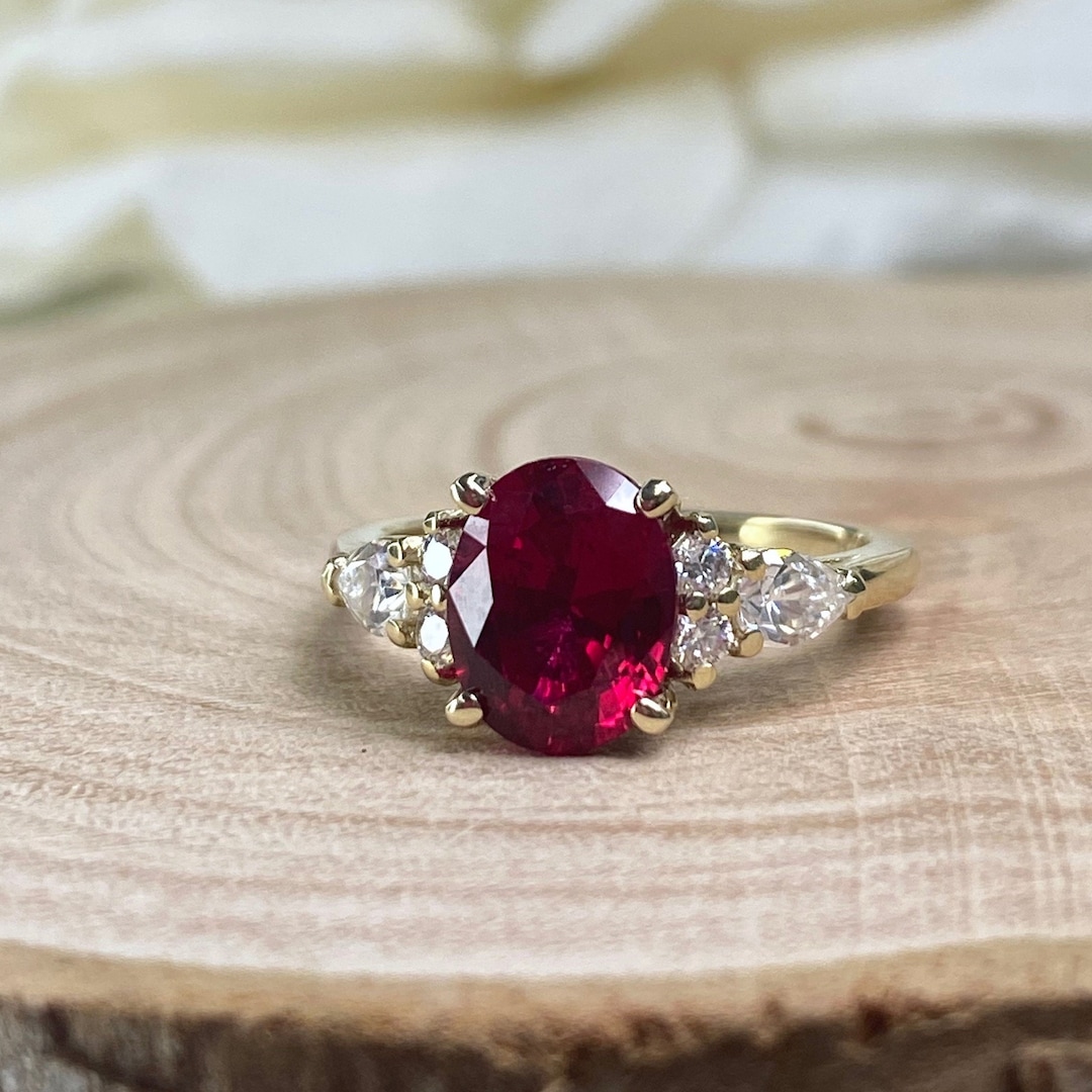 Oval Red Ruby Engagement Ring 14K Solid Yellow Gold, Unique Vintage ...