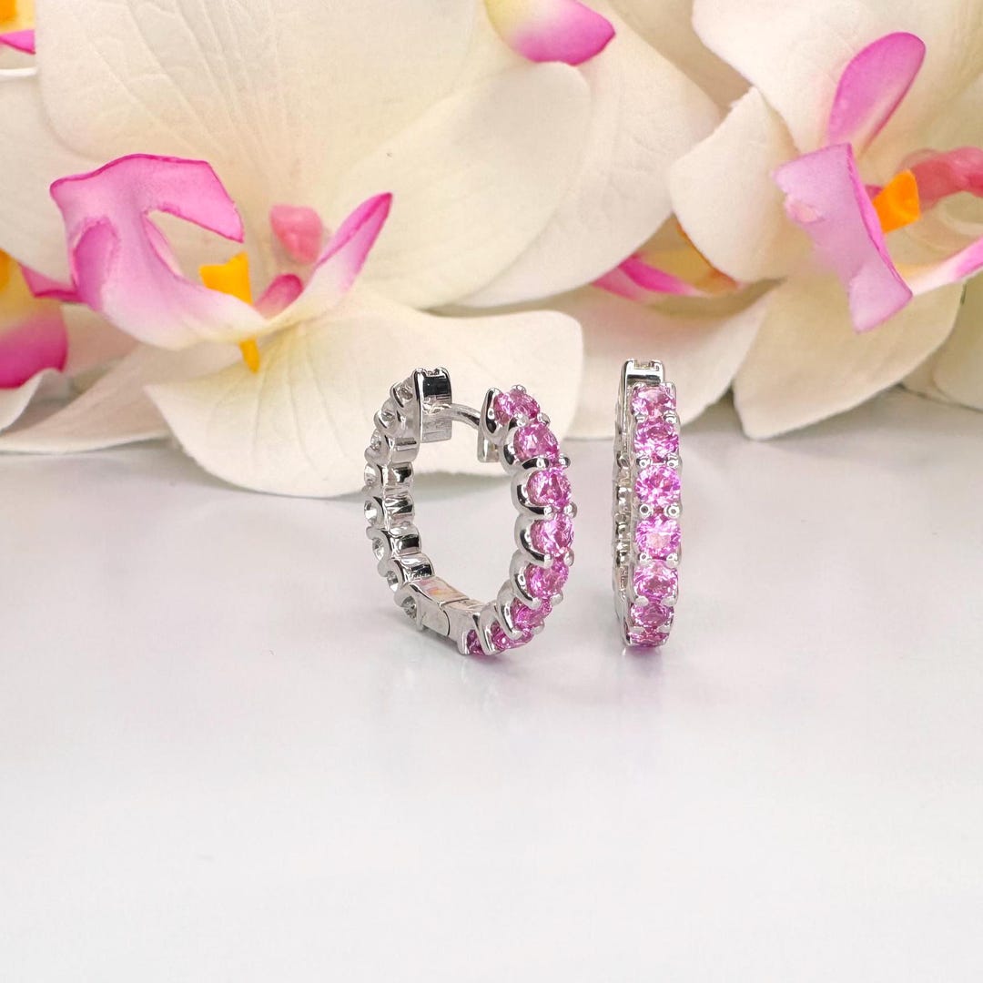 Pink Sapphire and LAB DIAMOND Hoop Earrings 14K Gold, Small Hoop ...